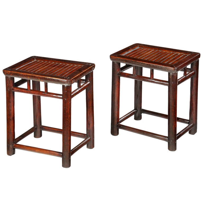 Pair of Chinese Stools with Bamboo Tops For Sale at 1stDibs