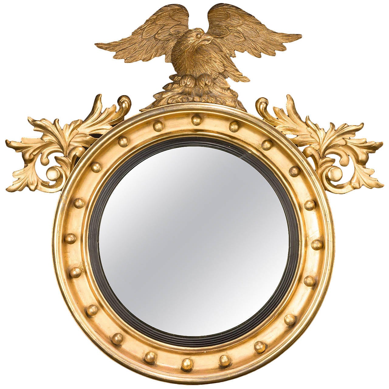 Antique Carved and Painted Wood, Round-Shaped Mirror with Eagle ...