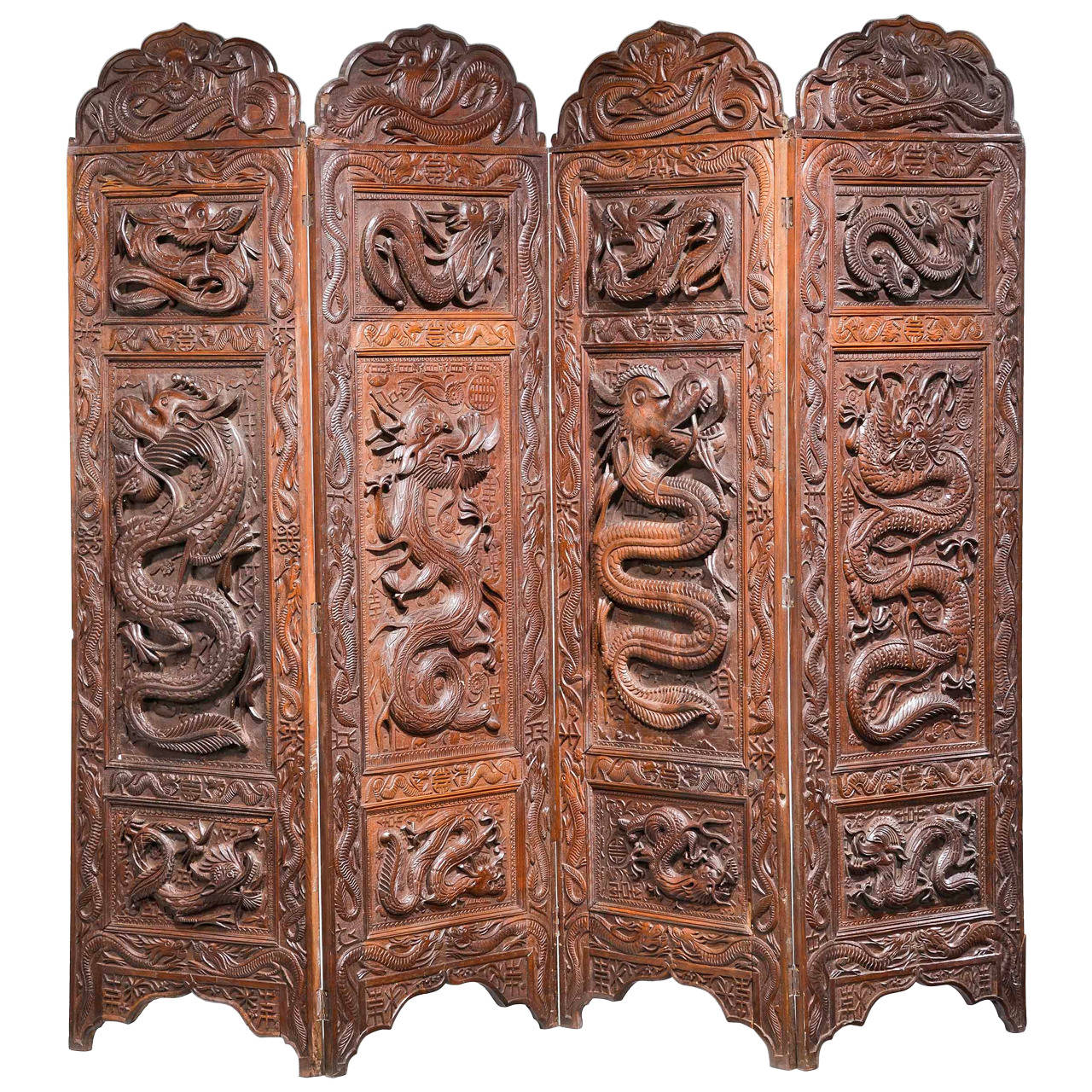19th c. Middle Eastern Carved Teak Folding Screen For Sale at 1stDibs