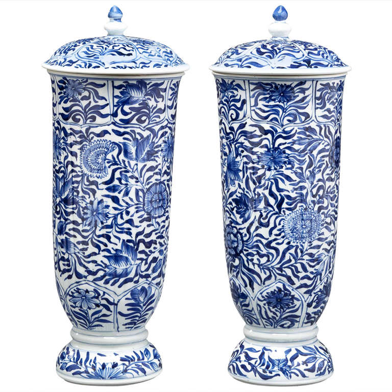 Pair of Blue and White Beakers and Covers For Sale at 1stDibs