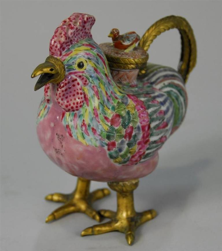 AN Ormolu Mounted Famille-Rose Rooster For Sale at 1stDibs