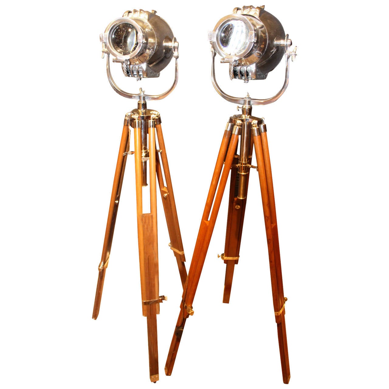 Pair of Theater Studio Spotlights on Wood Tripods at 1stDibs