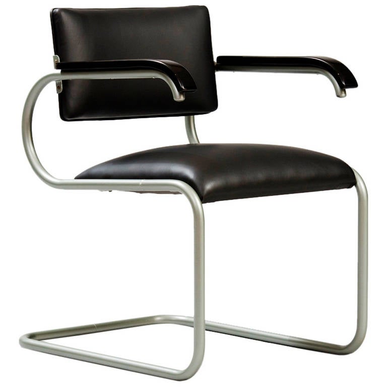Black Leather Modernist Tubular Desk Chair For Sale at 1stdibs