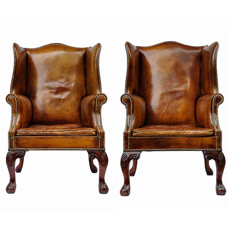 Pair of Leather Wingback Chairs For Sale at 1stDibs