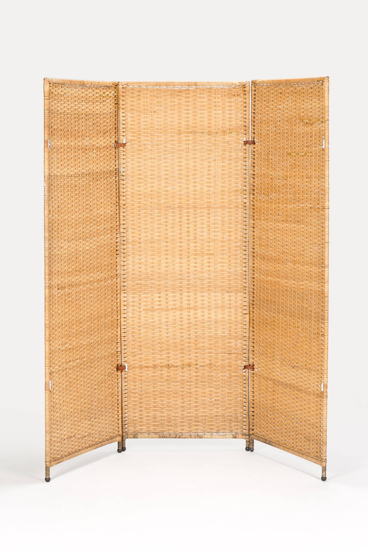 French Woven Raffia and Leather Straps Room Divider Screen 1940s at 1stDibs