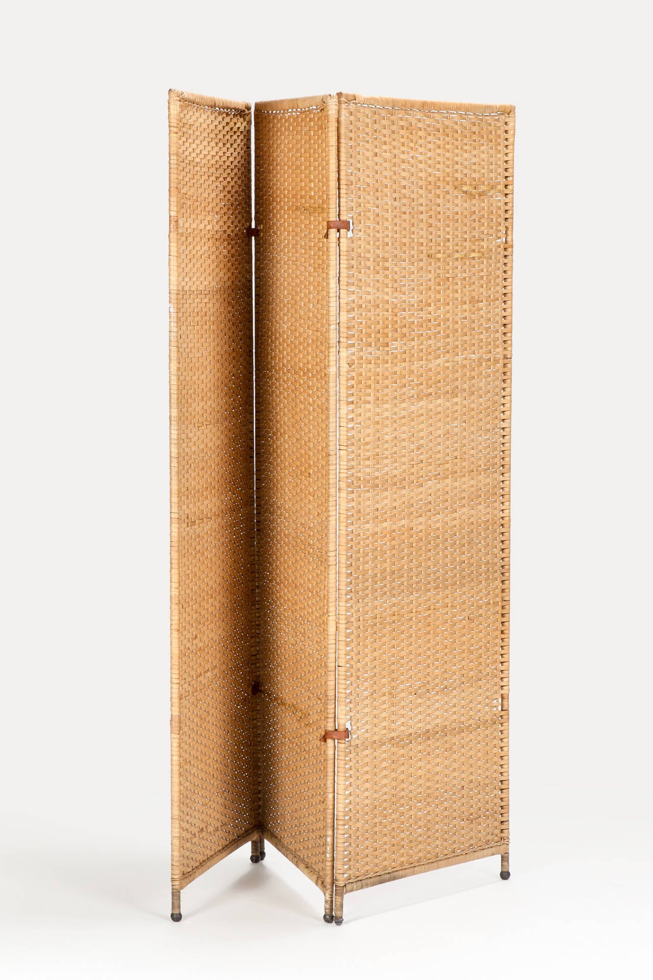 French Woven Raffia and Leather Straps Room Divider Screen 1940s at 1stDibs