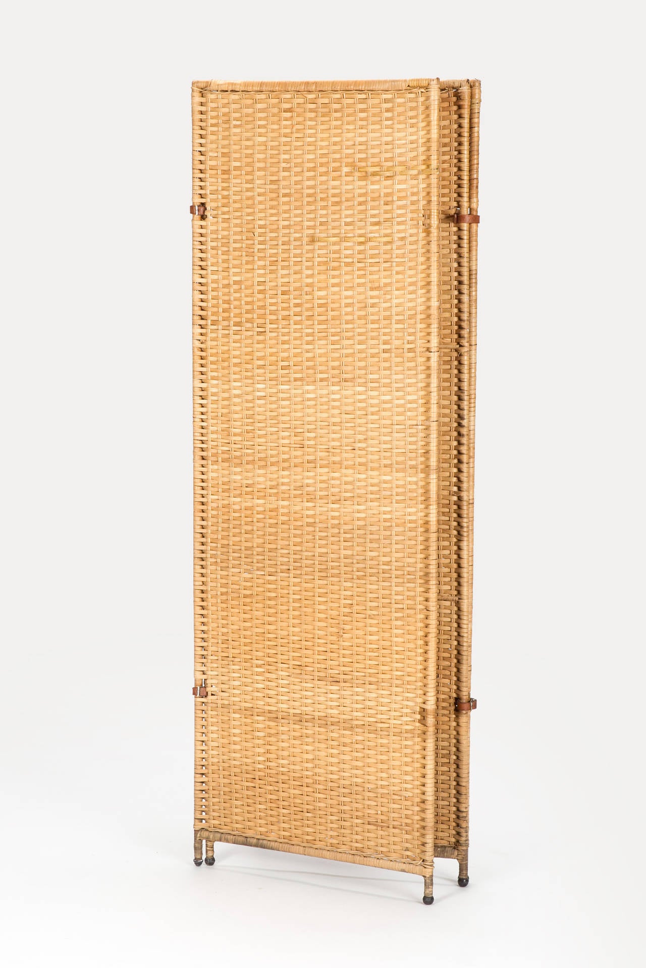 French Woven Raffia and Leather Straps Room Divider Screen 1940s at 1stDibs