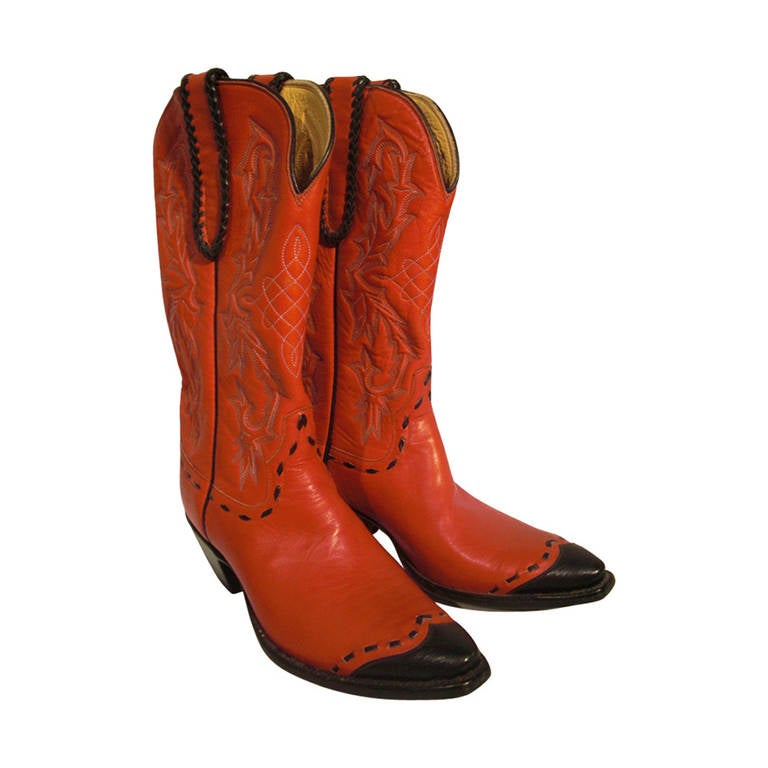 1980s Stallion Fancy Red Leather Western Boots w/ Black Hand Stitching ...