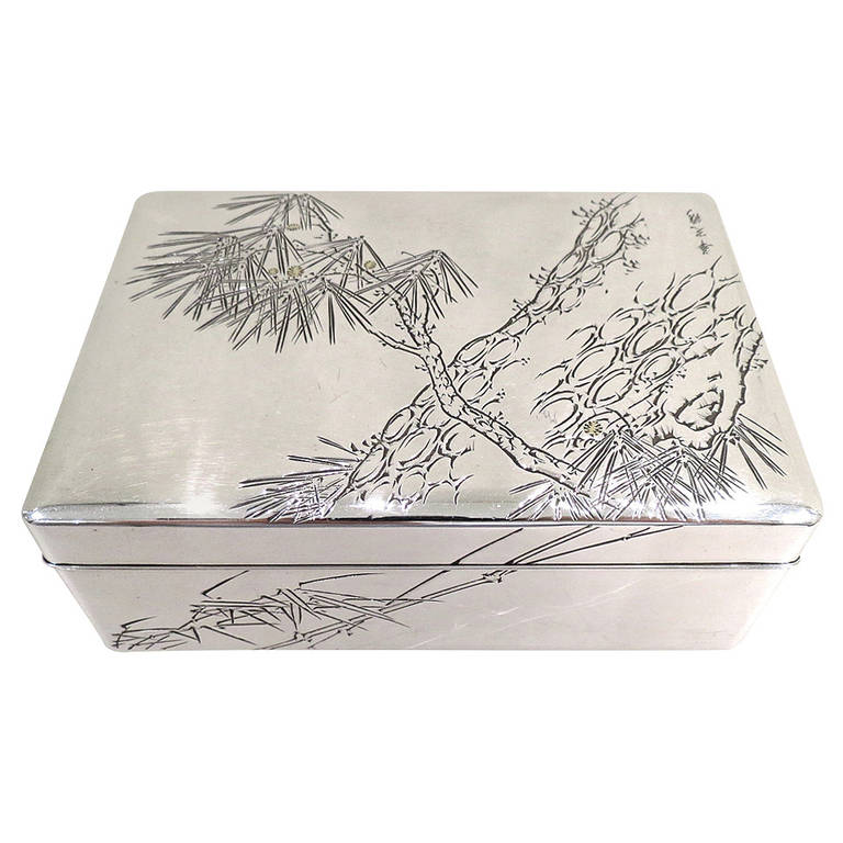 Fine Antique Meiji Period Japanese Silver and Wood Box For Sale at 1stDibs