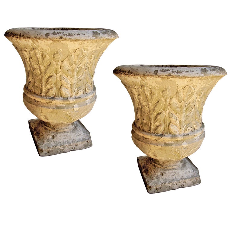 Pair of Cast Stone Garden Urns with Lovely Worn Painted Finish at 1stDibs