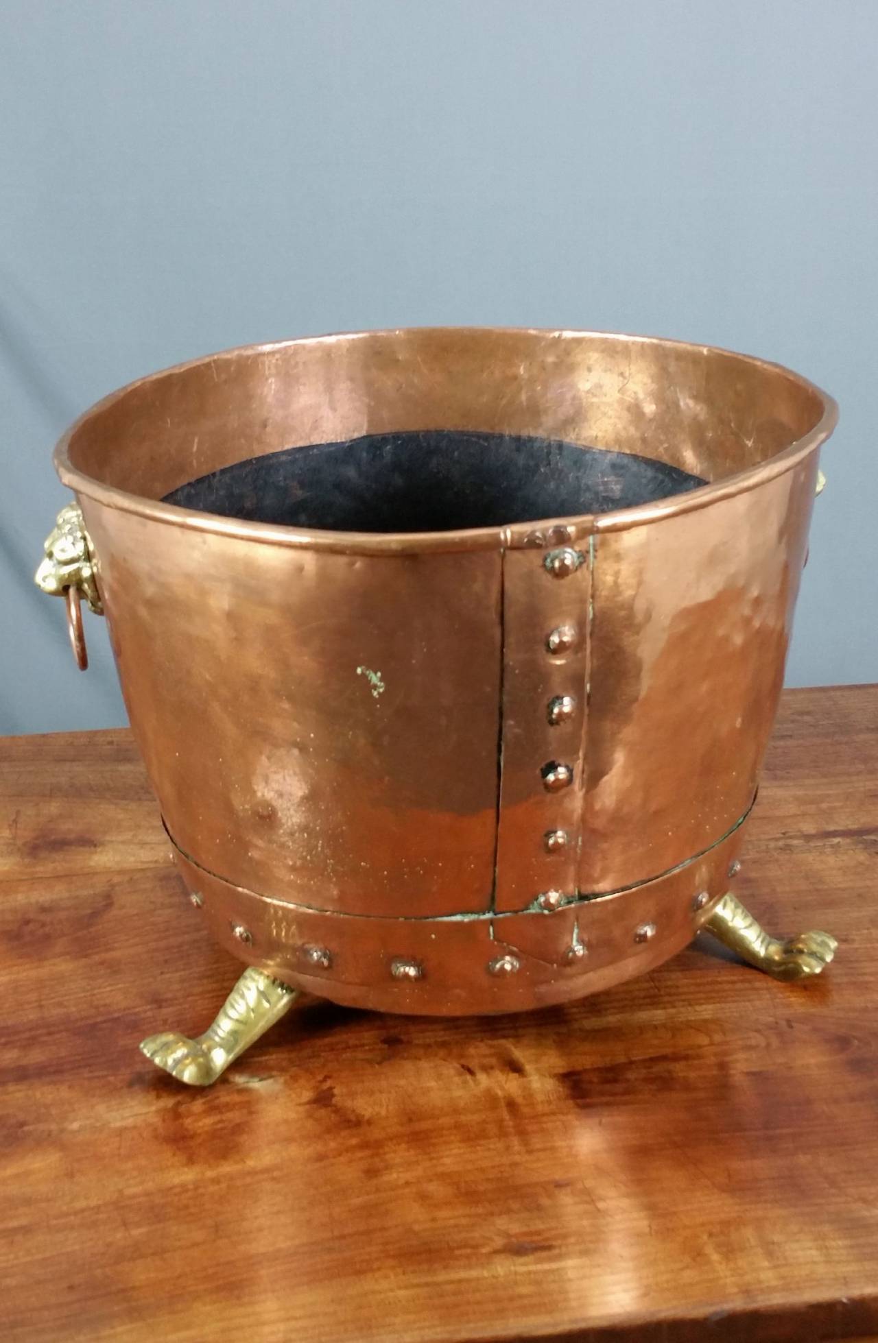 Mid-19th Century Large Copper Hopper with Brass Lion Ring Handles and ...