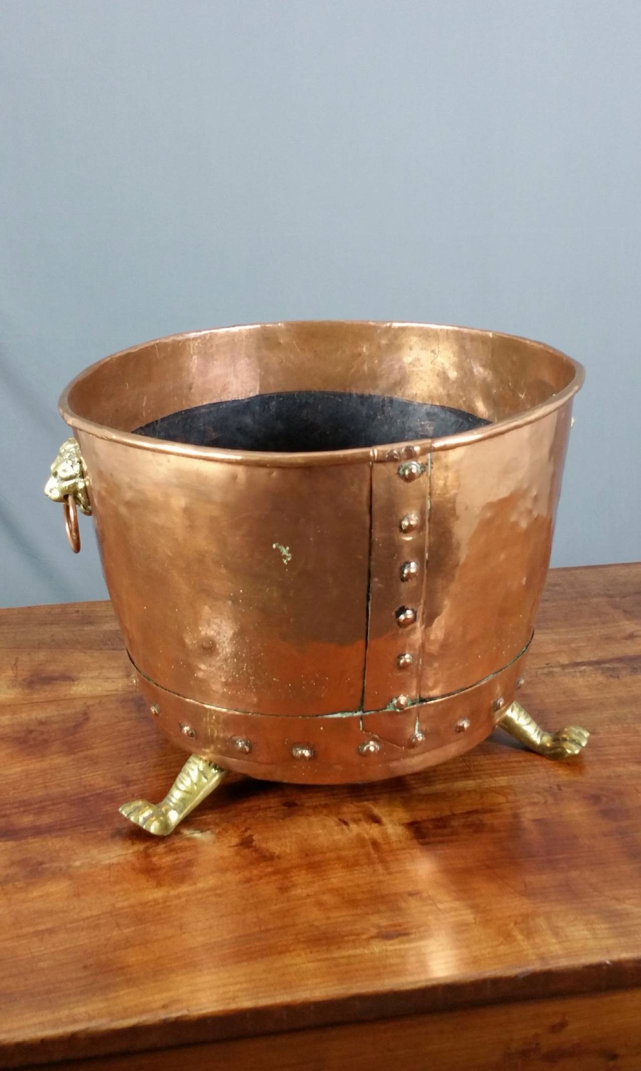 Mid-19th Century Large Copper Hopper with Brass Lion Ring Handles and ...
