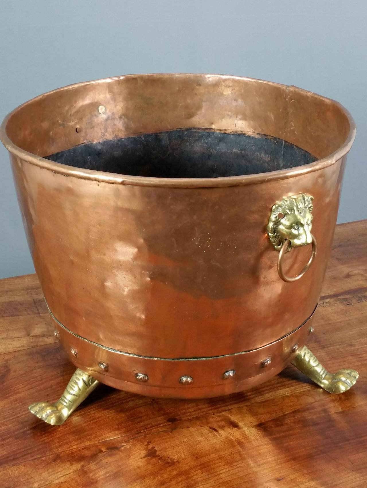 Mid-19th Century Large Copper Hopper with Brass Lion Ring Handles and ...