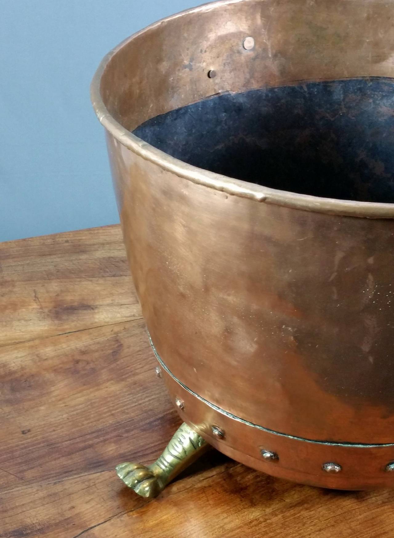 Mid-19th Century Large Copper Hopper with Brass Lion Ring Handles and ...