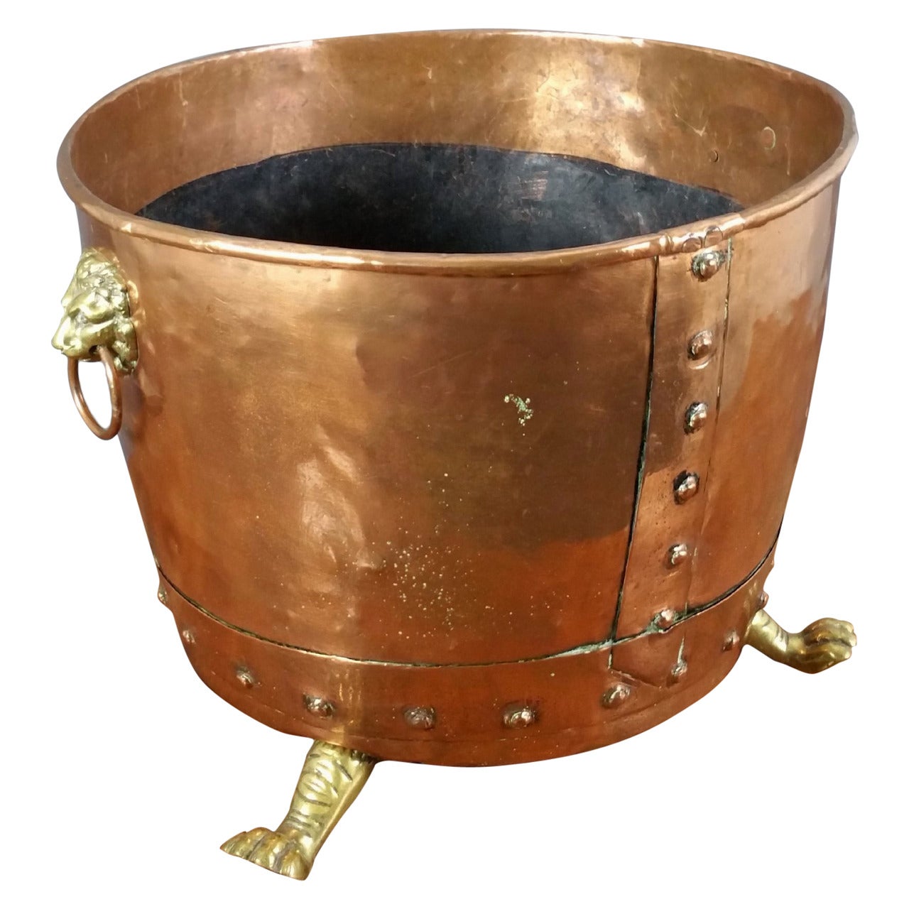 Mid-19th Century Large Copper Hopper with Brass Lion Ring Handles and ...