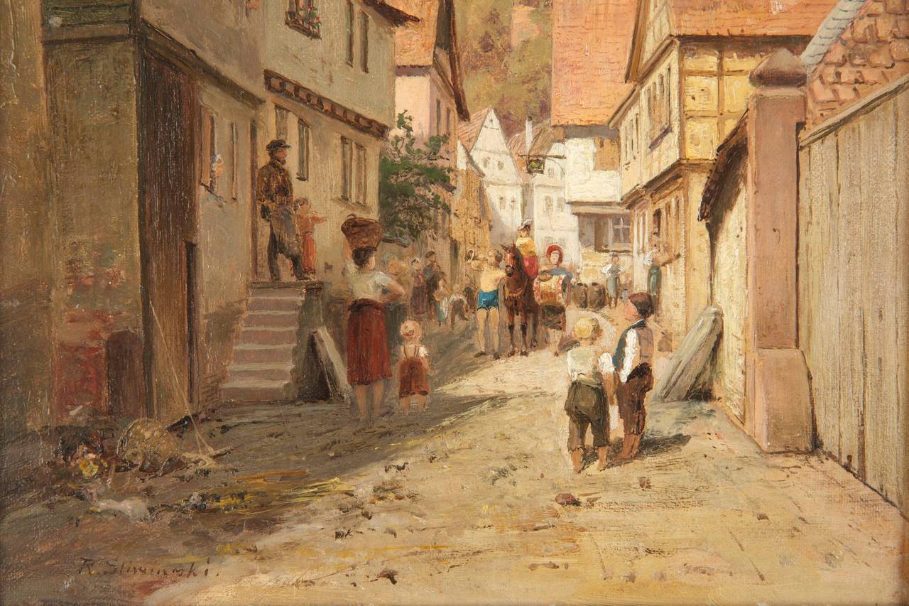 German 19th Century Antique Painting of Village Street Scene by Robert ...
