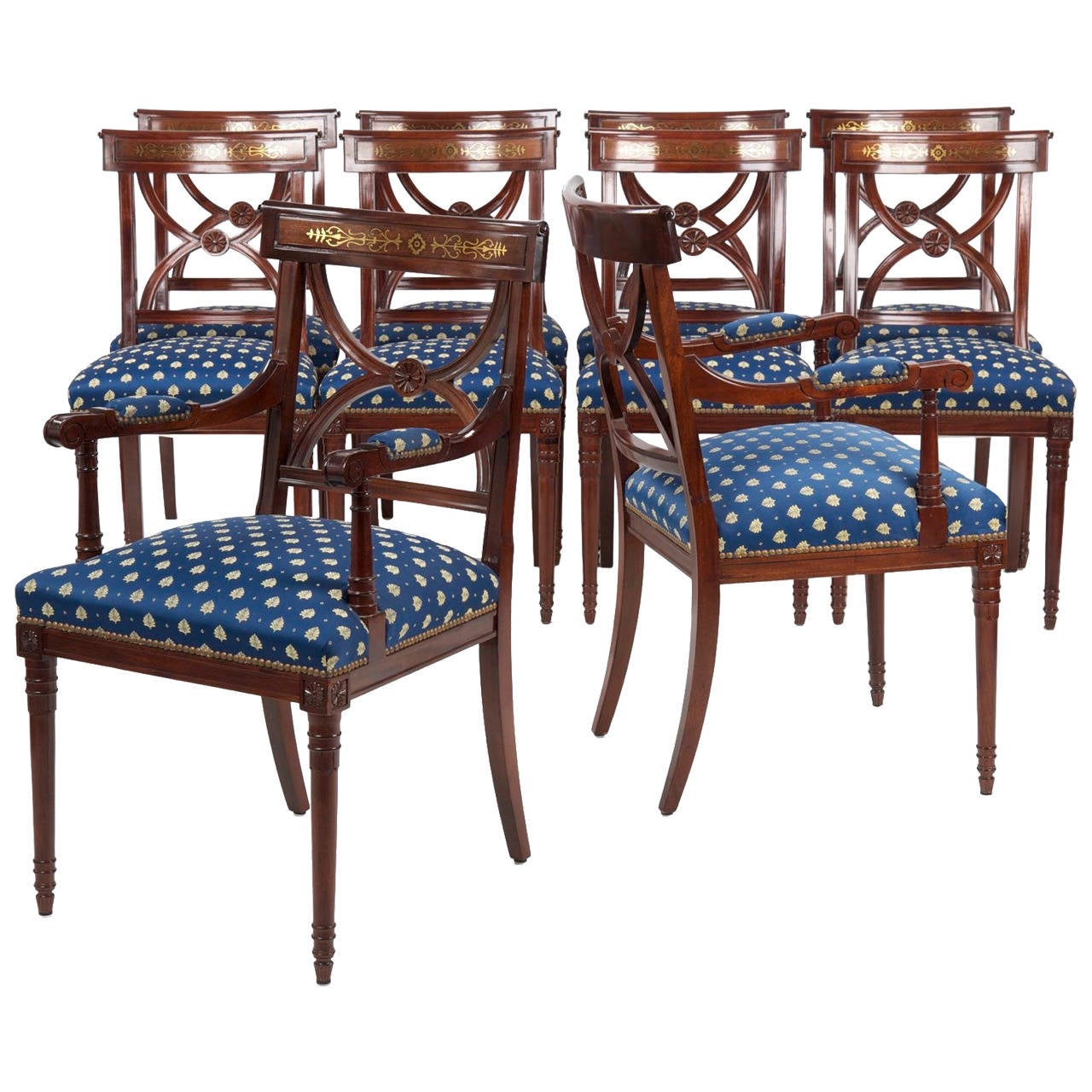 Set of Ten Regency Style Brass Inlaid Mahogany Dining Chairs, 20th ...