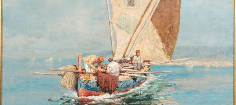 Fausto Giusto (Italian, 1867-1941), "Fishermen at Sea", Antique ...