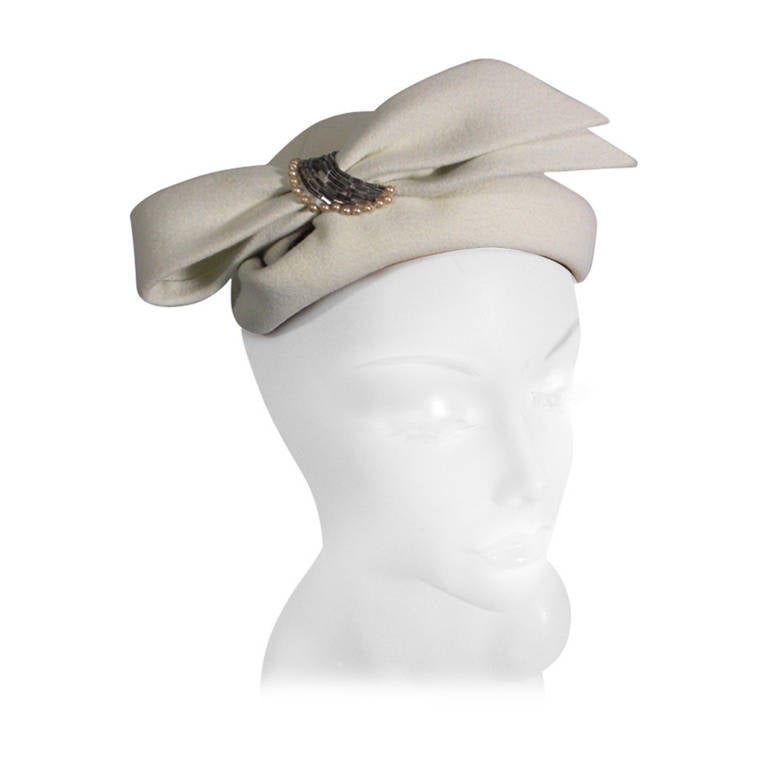 1950s Ivory Felt Hat with Bugle Bead and Pearl Accent Bow at 1stDibs