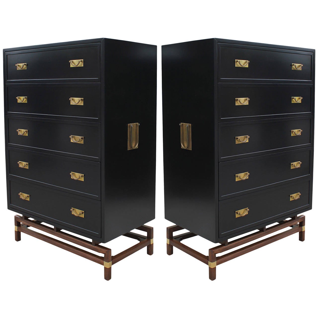 Impeccable Pair of Twin Black Lacquer and Brass Campaign Chests at 1stDibs