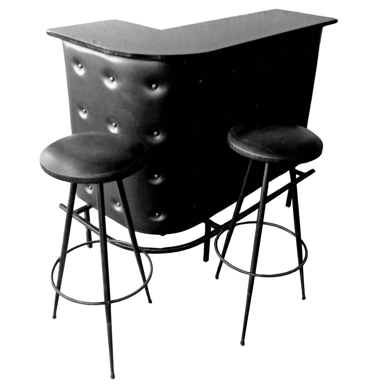 Jacques Adnet Style Bar with Two Stools For Sale at 1stDibs