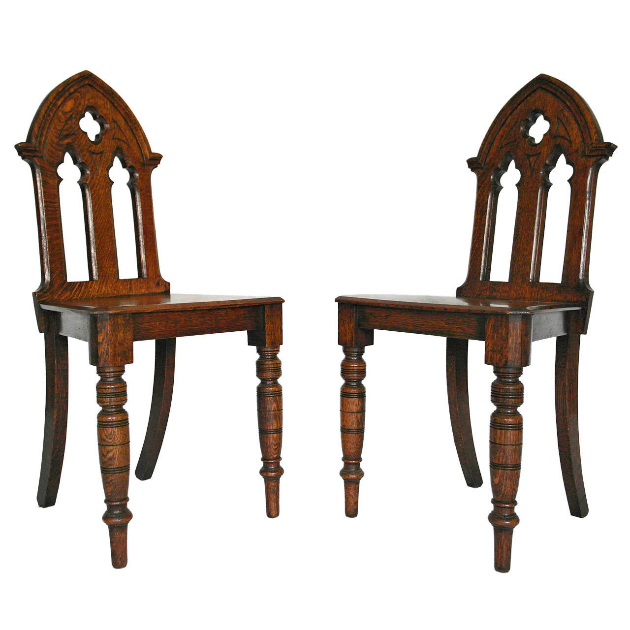 Pair of English Victorian Gothic Style Oak Hall Chairs at 1stDibs