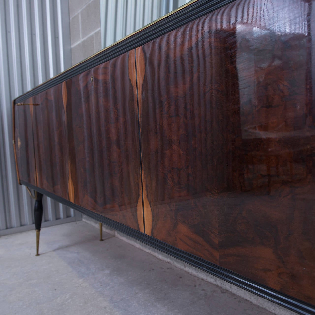 Italian Midcentury Sideboard with Inlaid Brass Accents and Large Mirror ...
