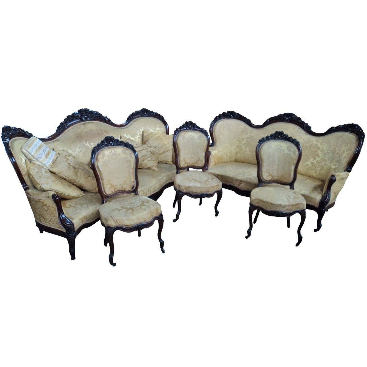 Five-Piece Original Silk Damask and Rosewood Belter Style Complete ...