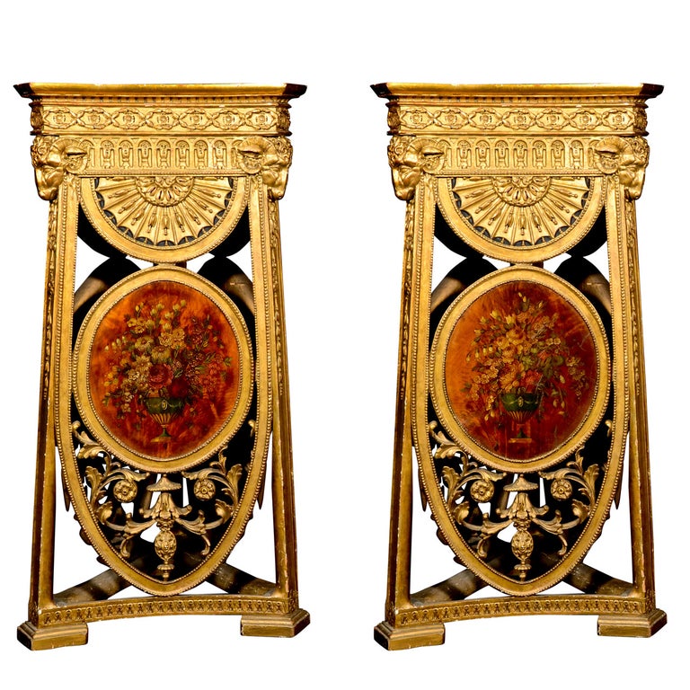 Pair of Antique English Adam Style Carved Giltwood and Painted ...