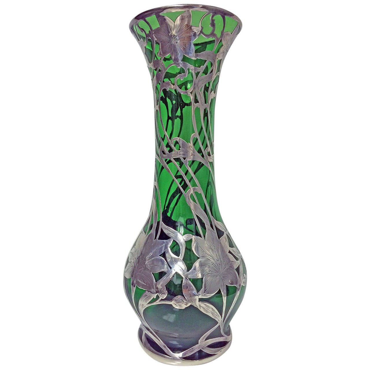 Art Nouveau Sterling Silver Overlay Glass Vase, Alvin, circa 1900 at ...