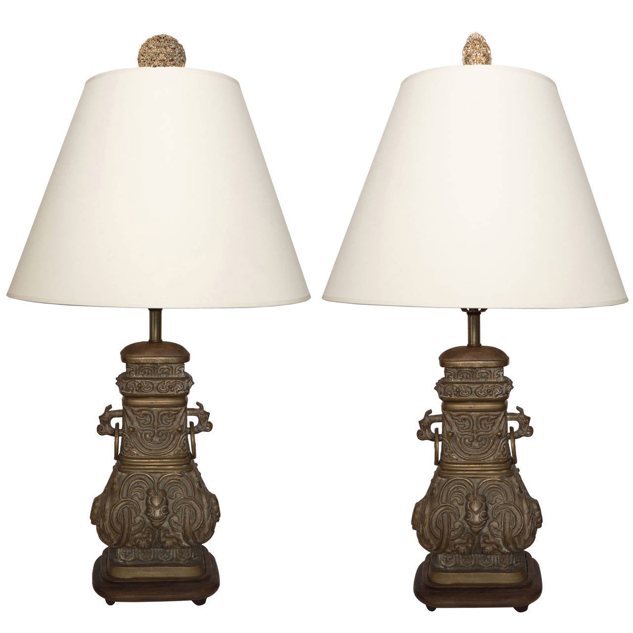 Pair of Bronze Chinese Lamps with Wood Bases For Sale at 1stdibs