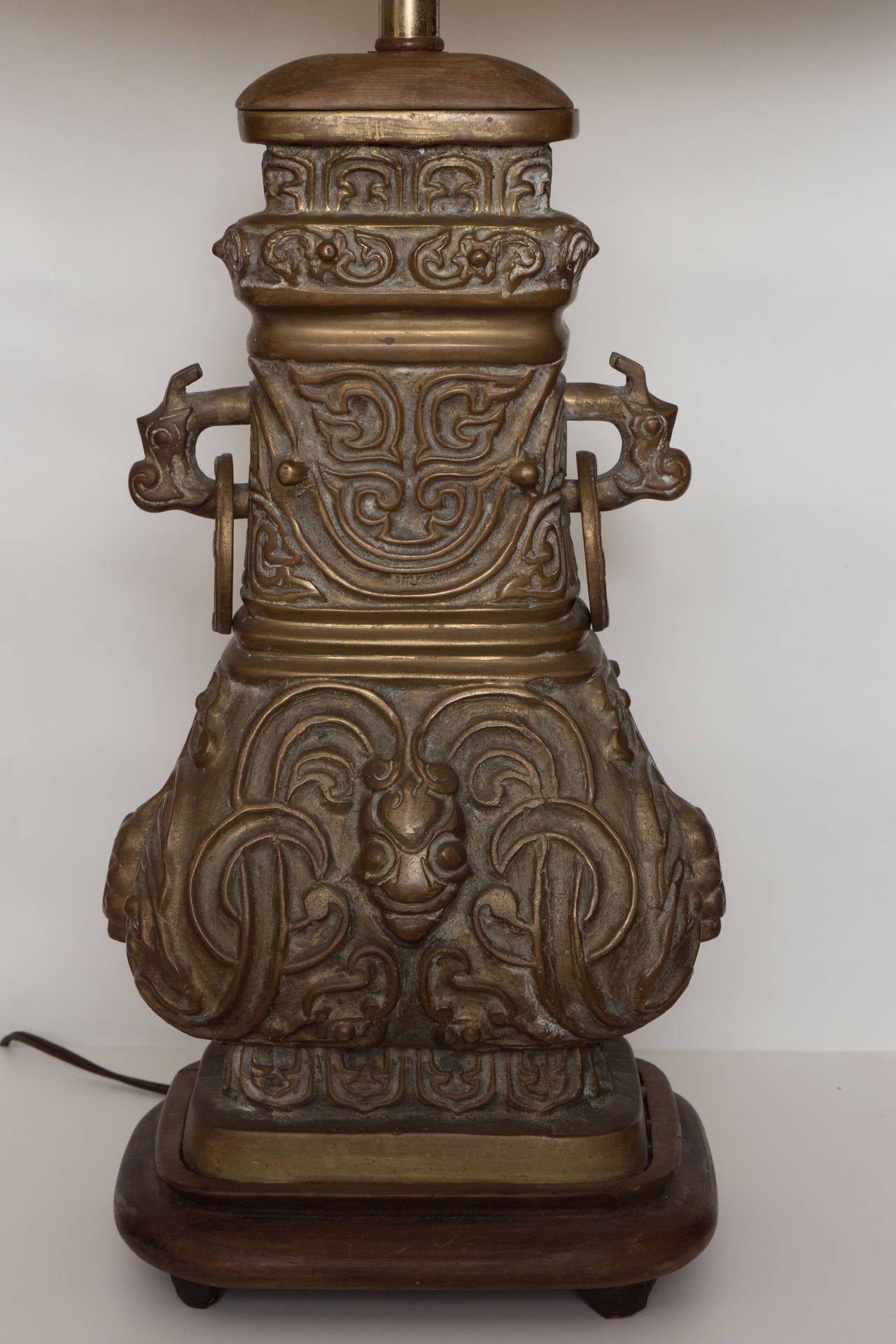 Pair of Bronze Chinese Lamps with Wood Bases at 1stDibs
