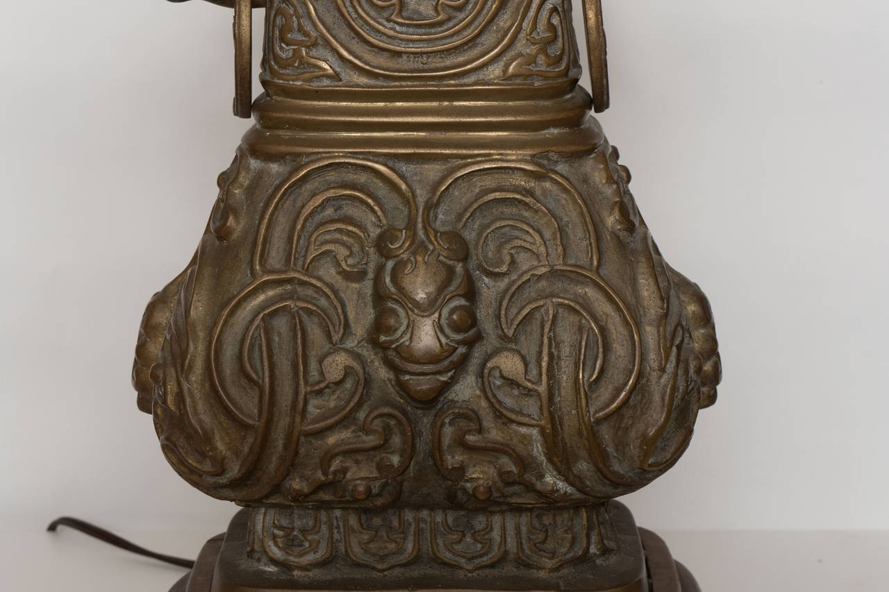 Pair of Bronze Chinese Lamps with Wood Bases at 1stDibs
