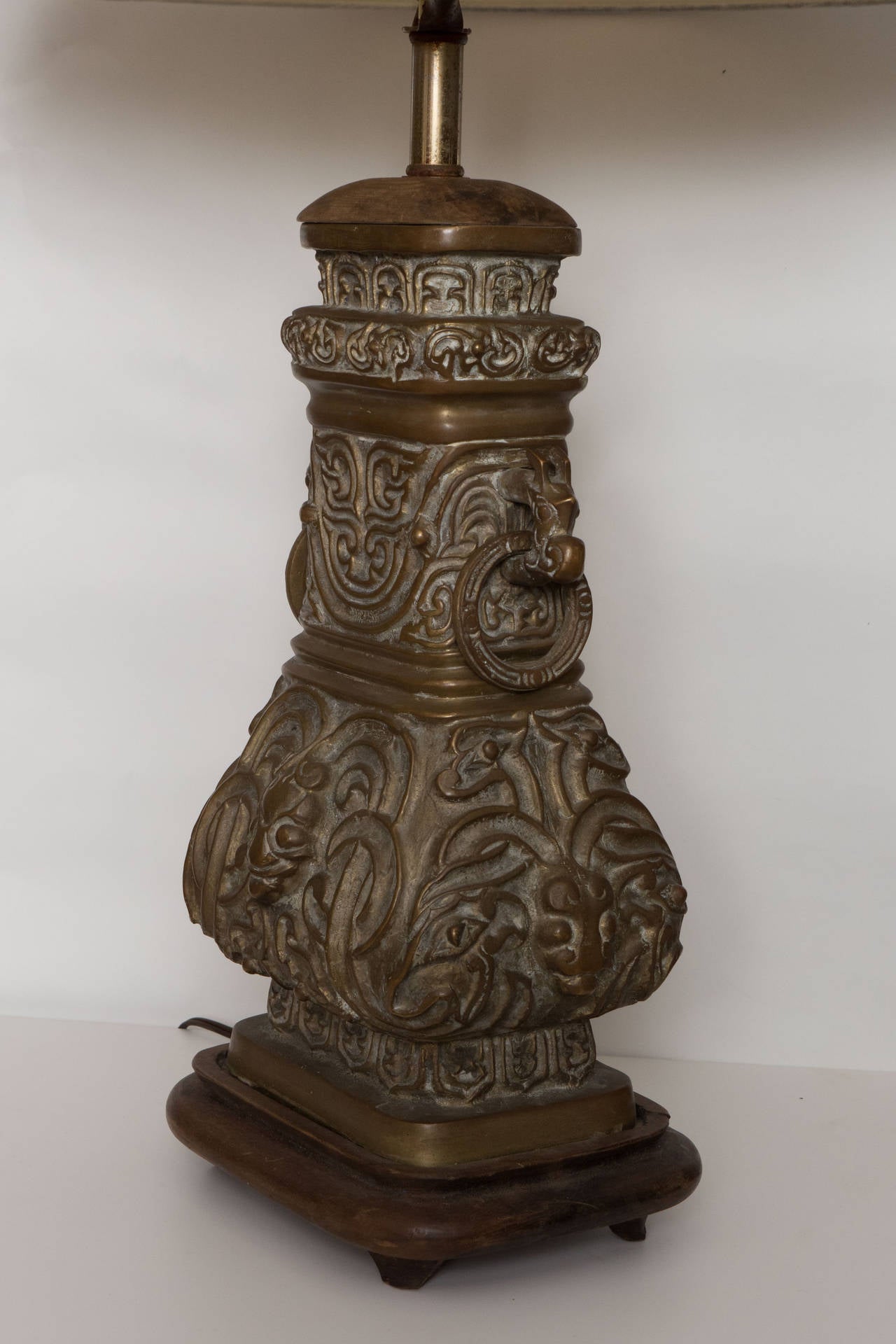 Pair of Bronze Chinese Lamps with Wood Bases at 1stDibs