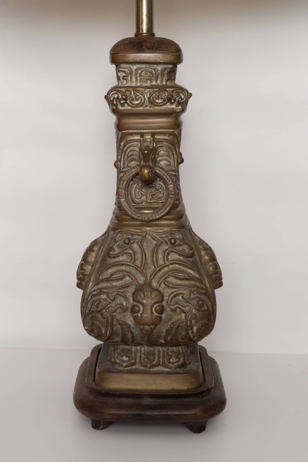 Pair of Bronze Chinese Lamps with Wood Bases at 1stDibs