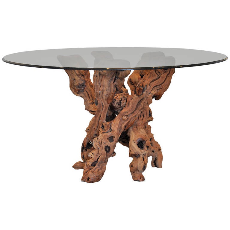 Cypress Root Dining Table with Glass Top, 1950s at 1stDibs