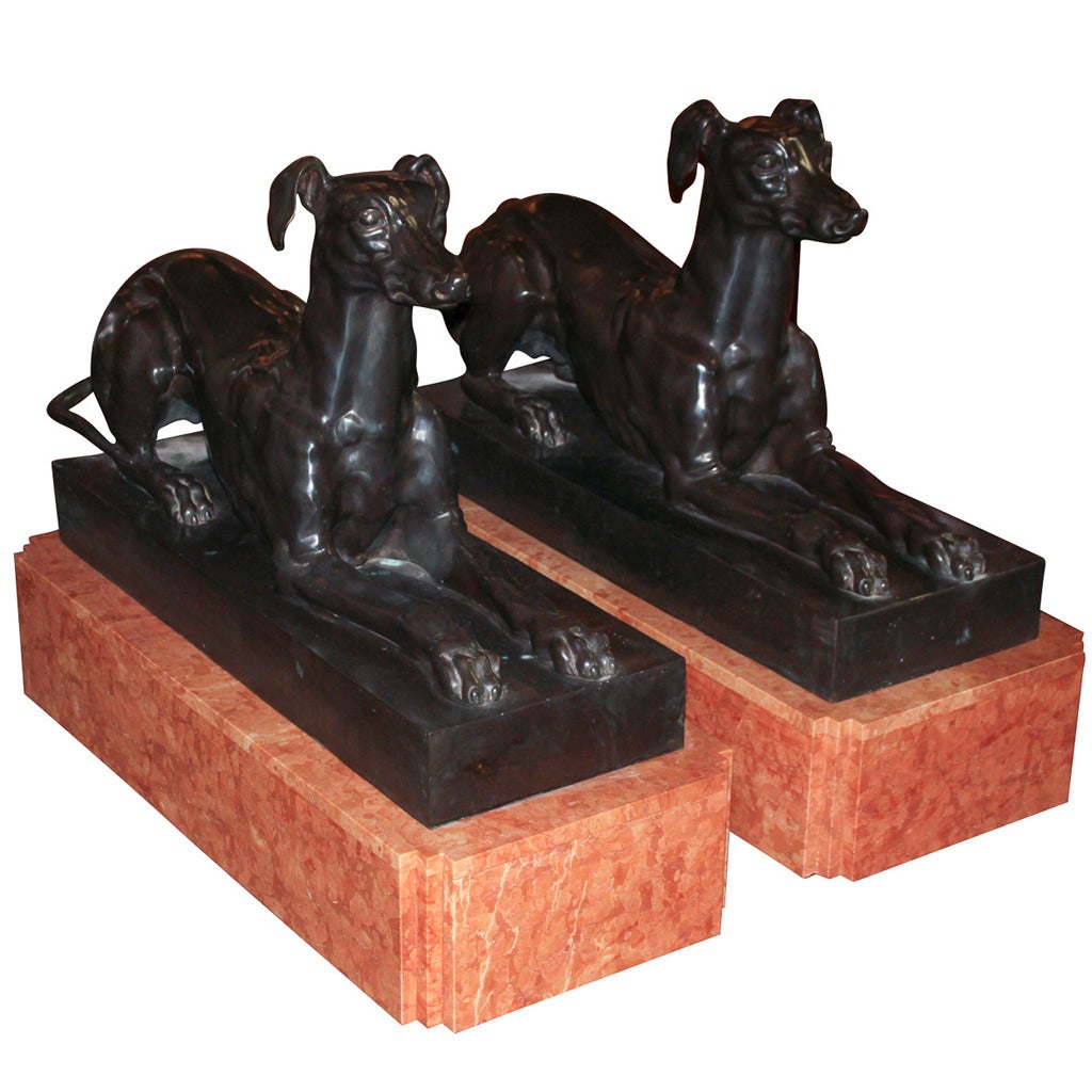 Pair of Bronze Whippets on Marble Bases at 1stDibs