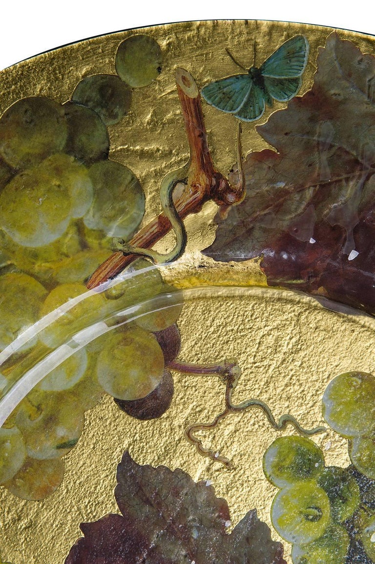 Gold-foiled Glass Large Wall Dish with Grapes Découpage For Sale at 1stDibs