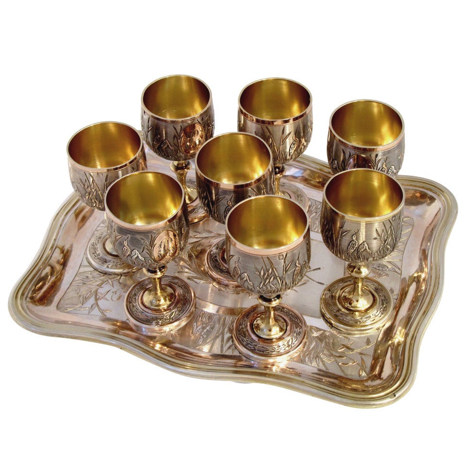 Ornate French All Sterling Silver Vermeil Liquor Set w/Box Heron in a ...