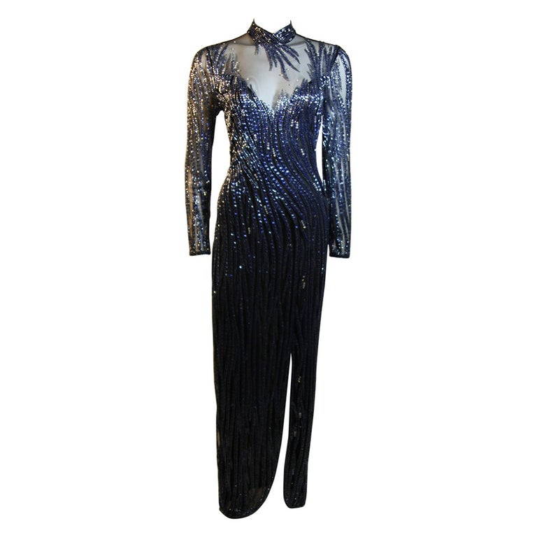 Bob Mackie 1980s midnight blue beaded gown with peek-a-boo sheer ...