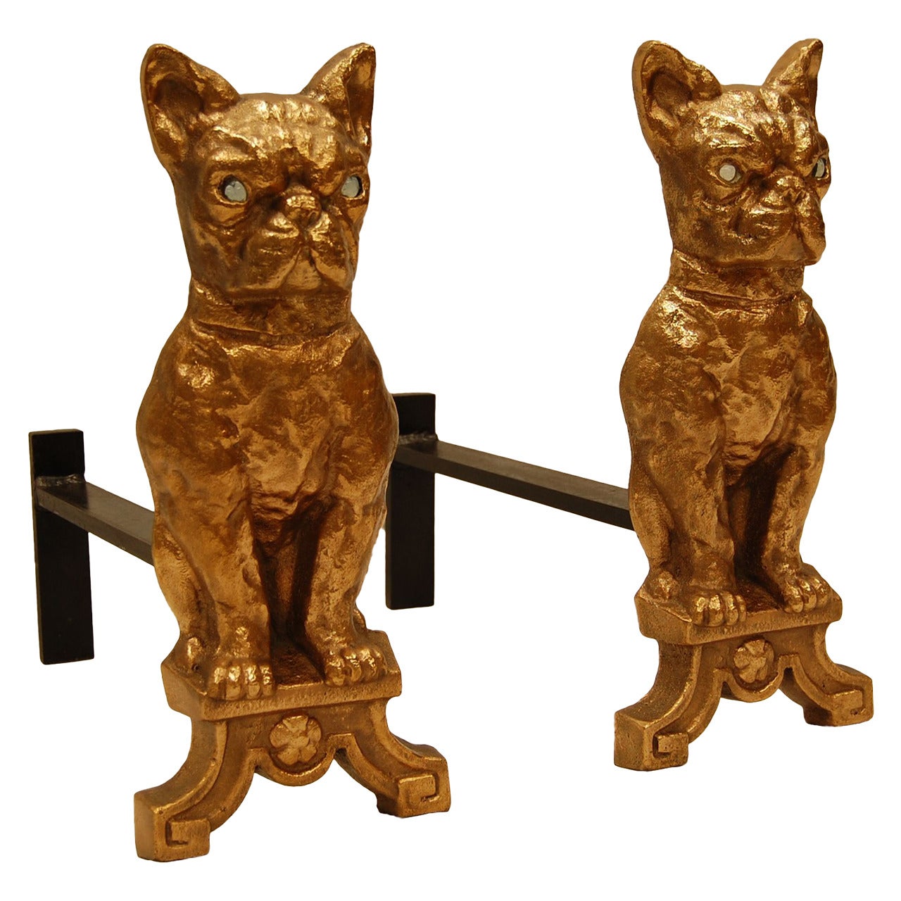 Pair of Solid Brass Dog Andirons with Clear Glass Eyes at 1stDibs