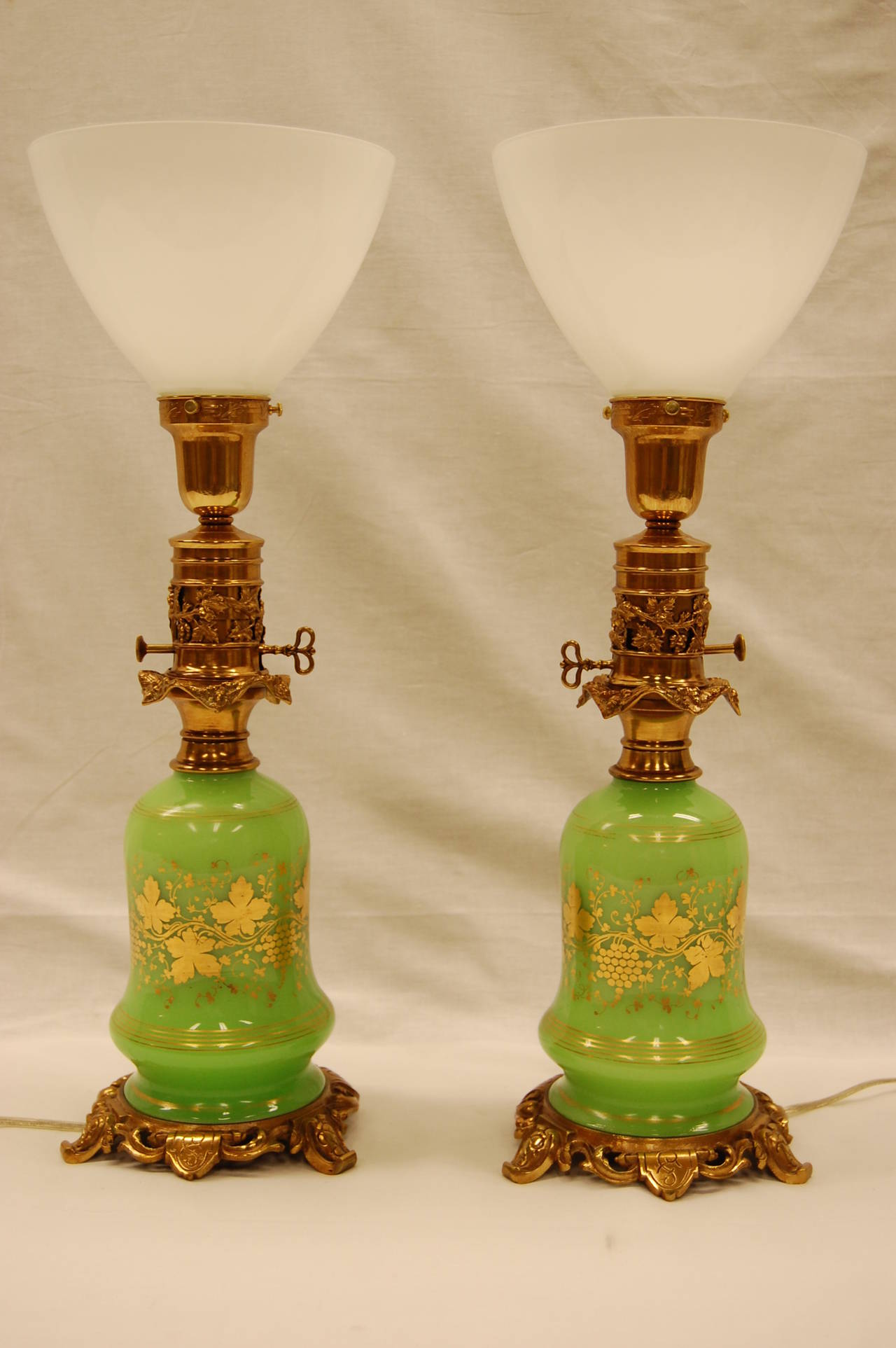 Pair of Green Opaline French Oil Lamps, circa 1860 For Sale at 1stDibs