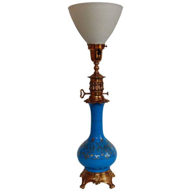 Blue Opaline Glass French Oil Lamp For Sale at 1stDibs