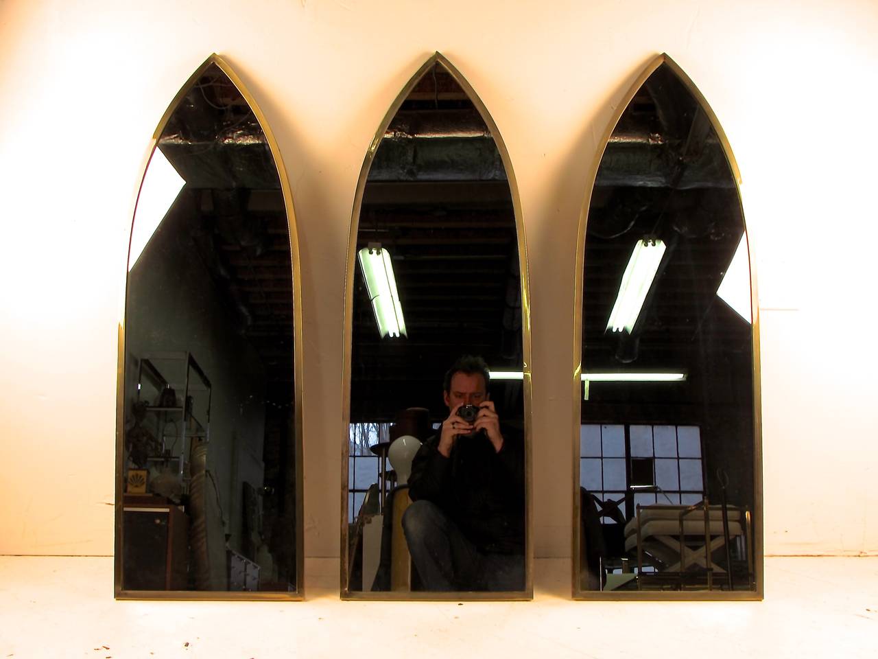 Trio of Gothic Arched Solid Brass Mirrors For Sale at 1stDibs