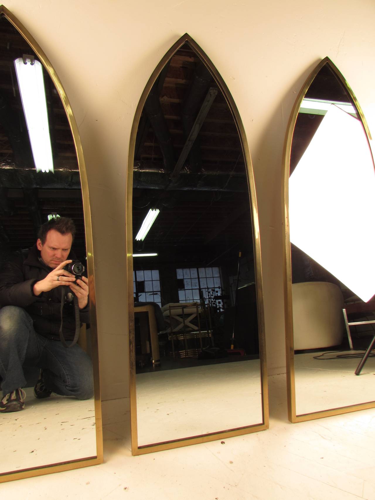 Trio of Gothic Arched Solid Brass Mirrors For Sale at 1stDibs