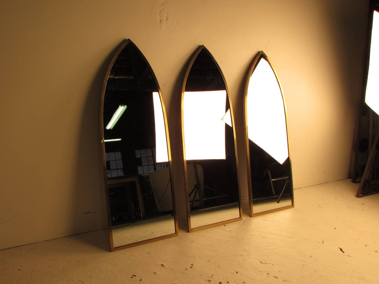 Trio of Gothic Arched Solid Brass Mirrors For Sale at 1stDibs