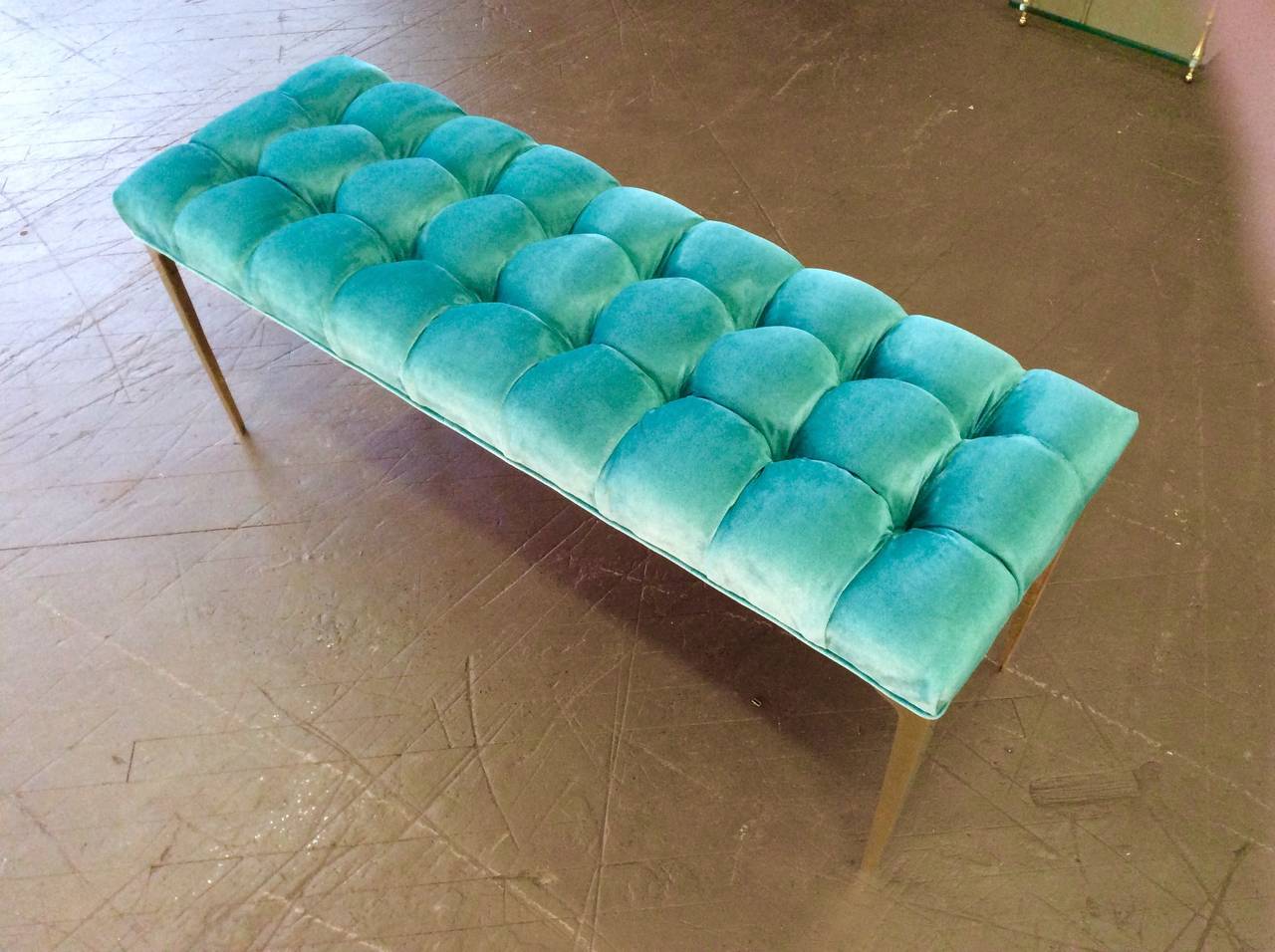 Custom-Made Long Bench in Tufted Teal Velvet with Brass Stiletto Legs ...
