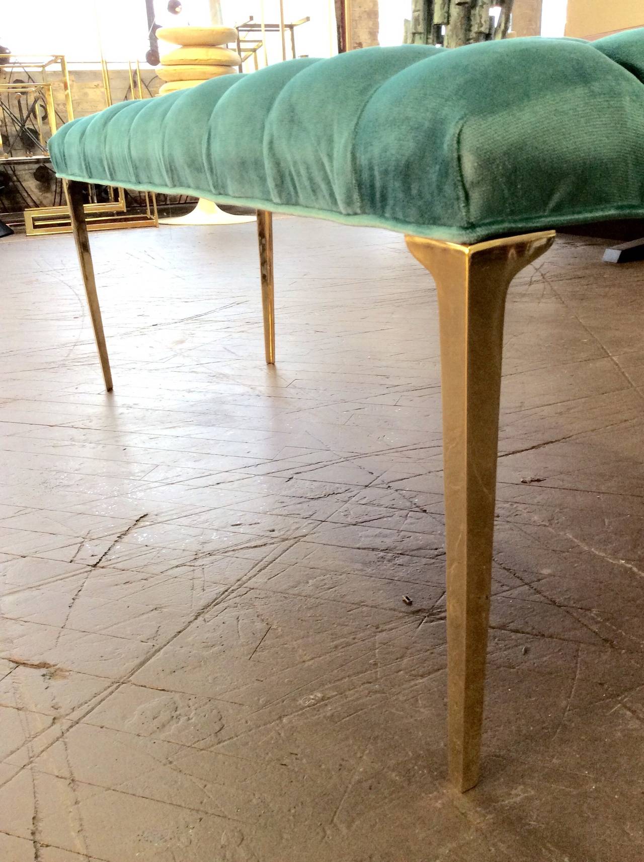 Custom-Made Long Bench in Tufted Teal Velvet with Brass Stiletto Legs ...