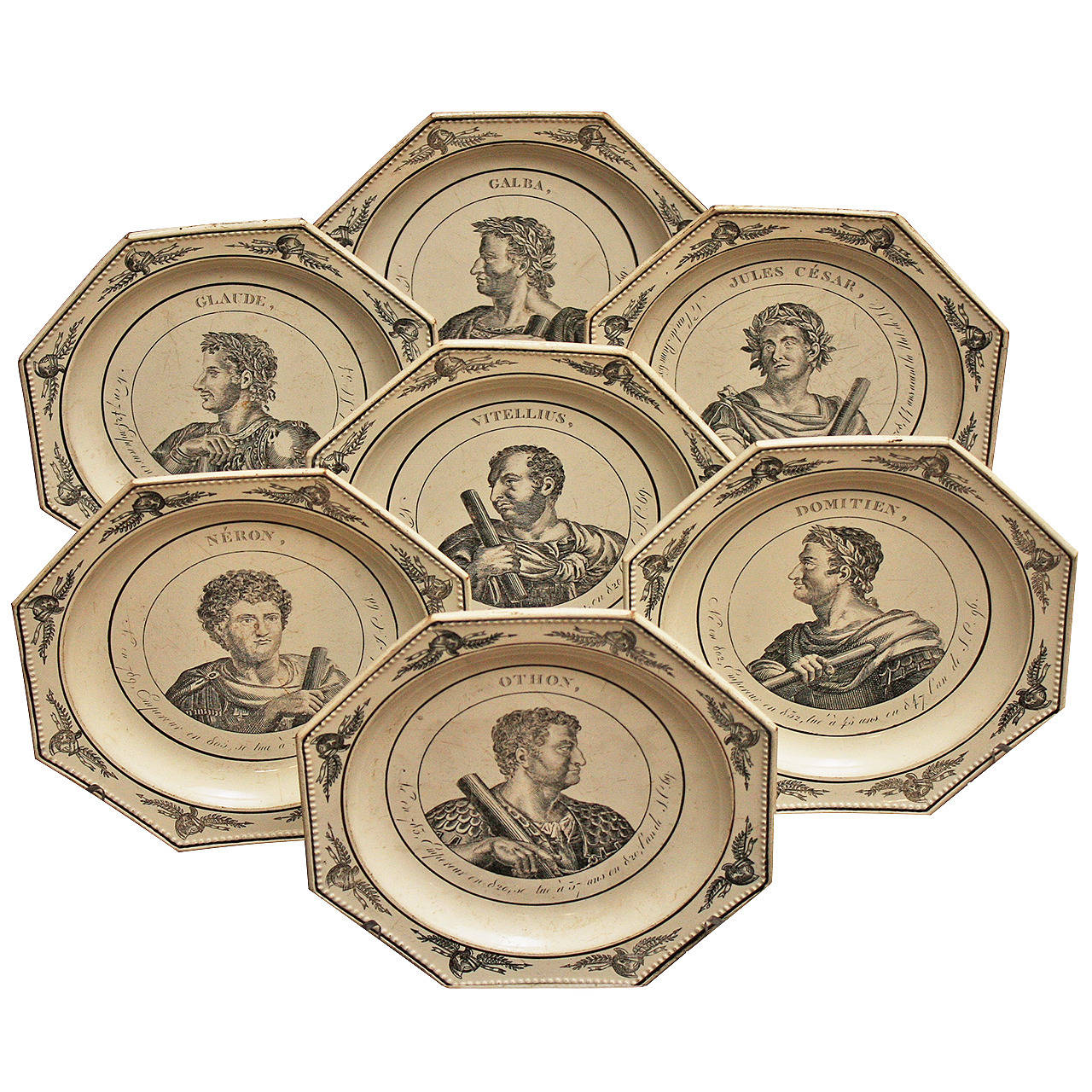 Set of Seven French Octagonal Creamware Roman Emperor Plates at 1stDibs