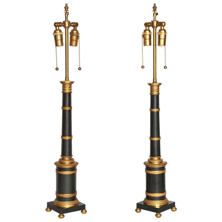 Pair of Gilt and Patinated Metal Banded Column Lamps at 1stDibs